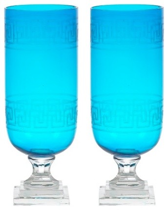 Aqua Greek Key Glass Hurricane Lamp Lantern, Set of 2 Candle Holder ...