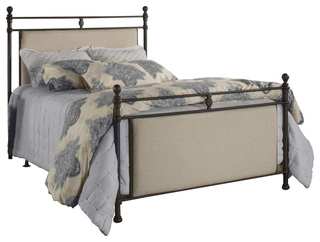 Stylish King Platform Bed, Metal Frame and Linen Headboard, Stone ...