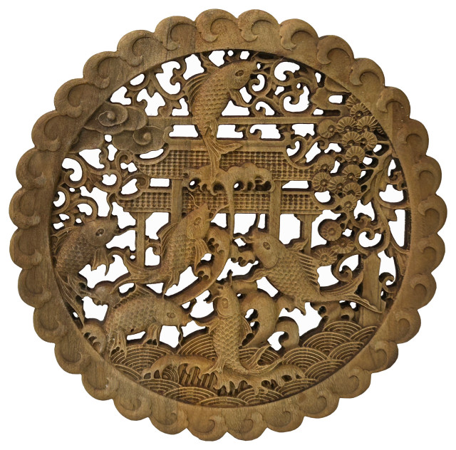 Small Round Wave Edge Fishes Leaping Motif Wood Wall Panel Plaque ...