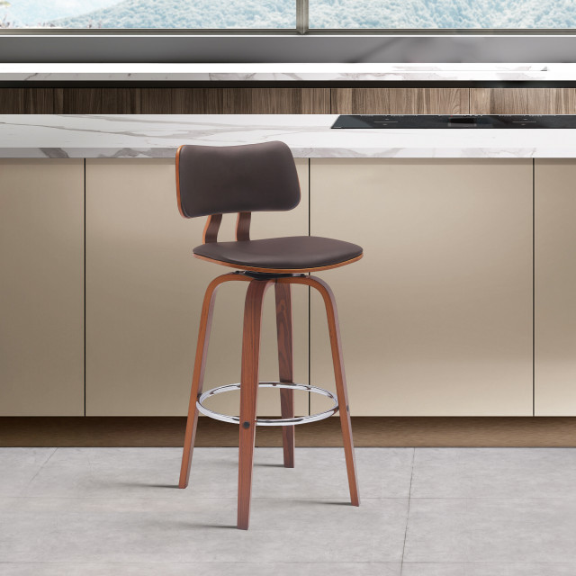 Pico 26" Swivel Walnut Wood Counter Stool, Brown Faux Leather With ...