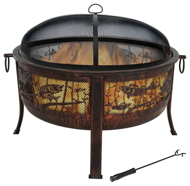 Sunnydaze Northwoods Fishing Fire Pit With Spark Screen, 30" Diameter ...