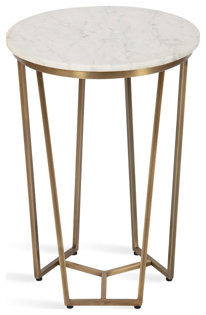 Modern Glam Side Table, Geometric Antique Brass Base & Round Natural ...