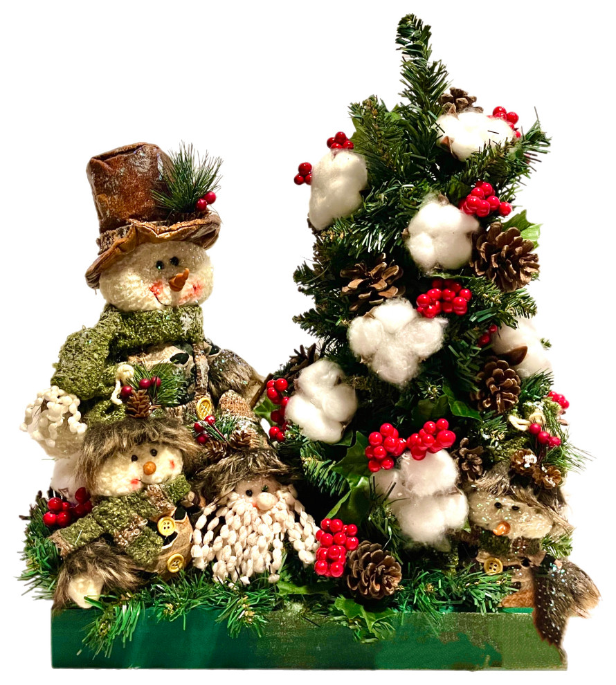Christmas Centerpiece Snowman Winter Arrangement Snowy Pine Tree ...