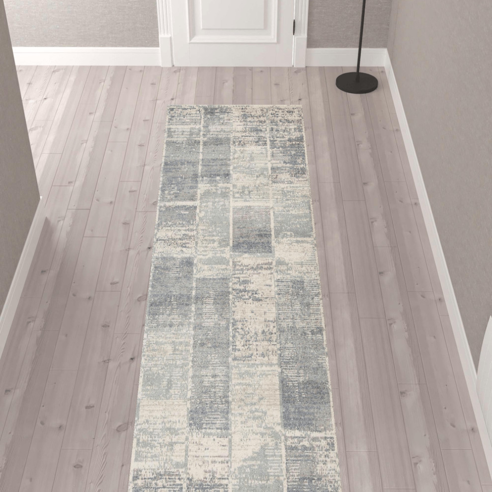10' Light Blue Geometric Power Loom Runner Rug With Fringe ...