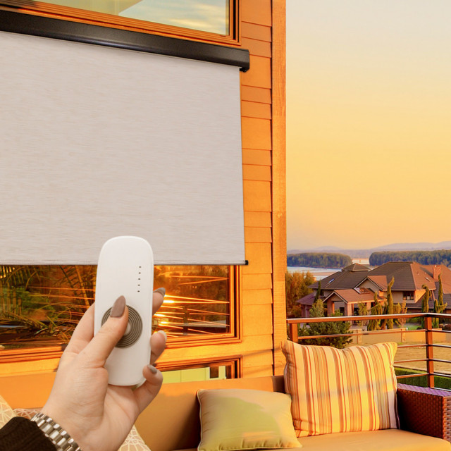 Outdoor Valanced Remote Control Operated Sunshade, Pearl Fabric, 48" W ...