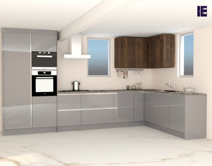 Grey Gloss & Wooden L-shaped Handleless Kitchen Design by Inspired ...