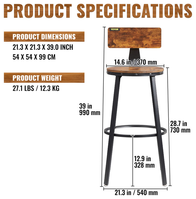 VEVOR Rustic Bar Stools Counter Height Round Bar Chairs with Backrest ...