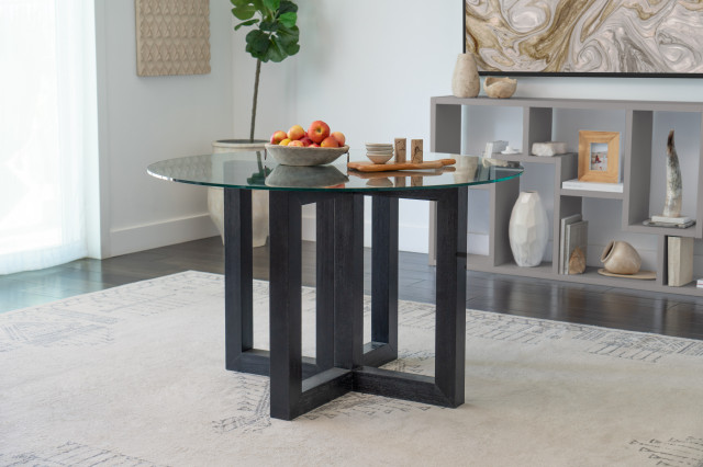 Compass Glass Top Dining Table with Wood Base, Black - Transitional ...