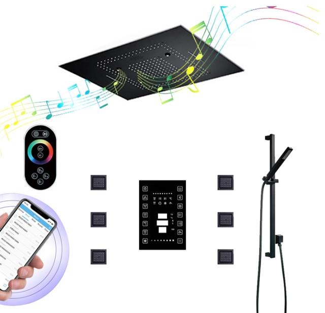 LED 23*31" Matte Black Remote Controlled Musical Shower System and 6 ...
