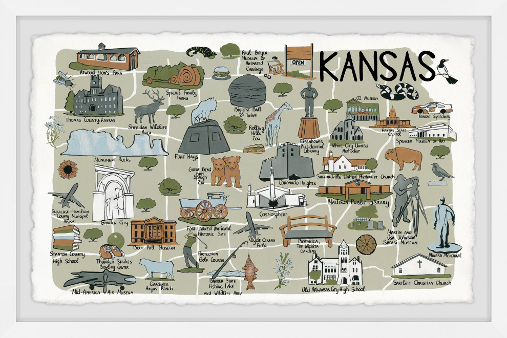 "Illustrated Map of Kansas" Framed Painting Print, 12x8 - Contemporary ...