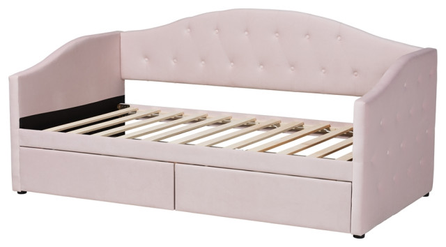 Modern Light Pink Velvet Fabric Upholstered Full Size 2-Drawer Daybed ...