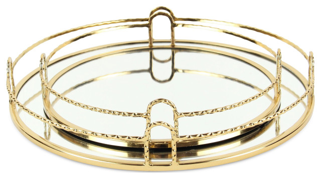 Mianzi Round Quilted Rim Gold Metal Trays (Set of 2) - Contemporary ...