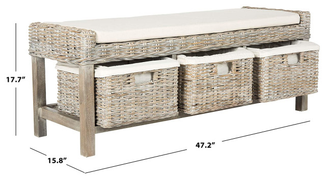 Coastal Storage Bench, Mango Wood Frame With Rattan Cover and Cushioned ...