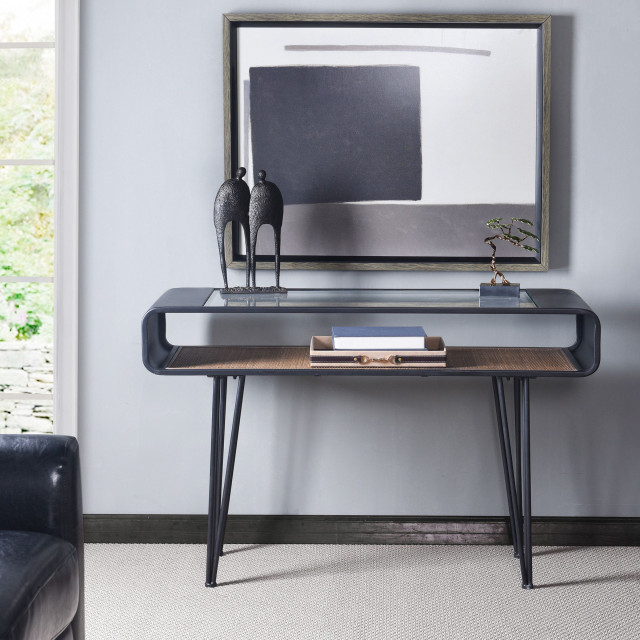 Aaron Console Table Graphite Metal, Clear Glass Top, Rattan Lower Shelf ...