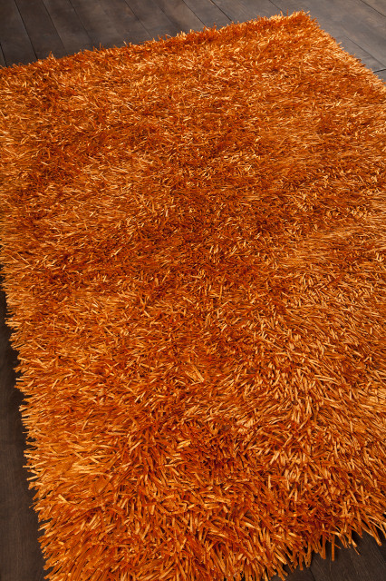 Tirish Hand-Woven Contemporary Shag Rug, Rectangular Orange 5'x7'6", 5 ...