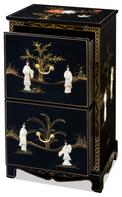 Black Lacquer Mother of Pearl 2 Drawer Oriental File Cabinet - Asian ...