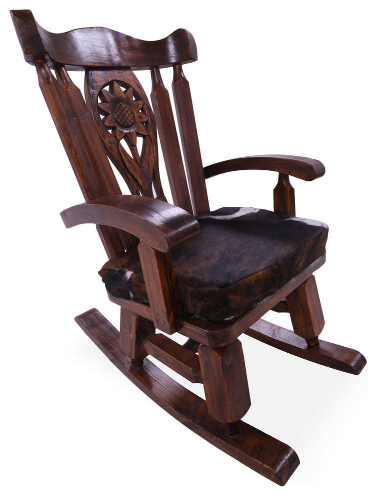 Wooden Rocking Chair Handcarved Back Removable Hair-On Cowhide Pillow ...