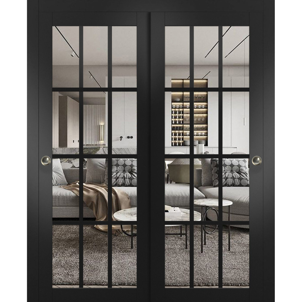 Sliding Bypass Doors, Felicia 3355 Black & Clear Glass, Sets, 56"x80 ...