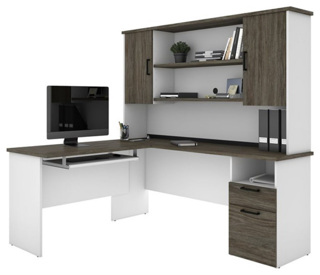 Pemberly Row L Shaped Computer Desk with Hutch in Walnut Gray and White ...