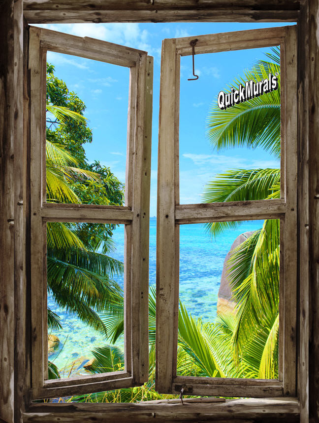 Beach Cabin Window Mural #8 One Piece Peel & Stick CANVAS Wall Mural ...