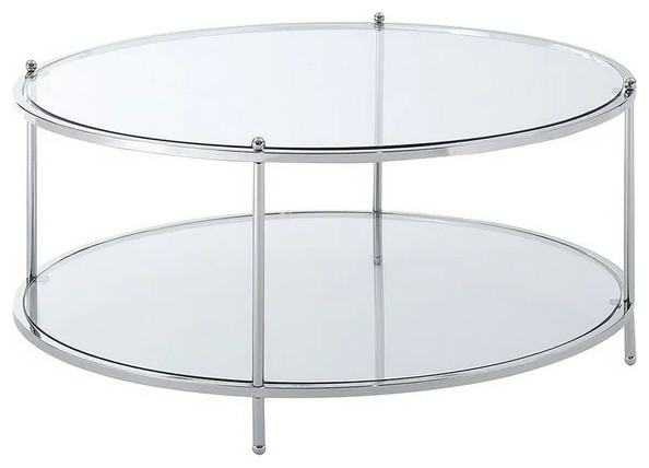 Modern Two-Tier Round Glass Coffee Table with Chrome Frame and Clear ...