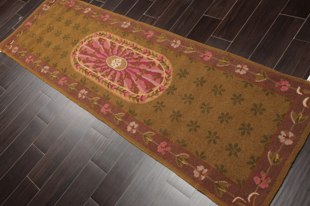 2'6''x8' Hand Hooked Wool Oriental Area Rug, Mustard, Pink Color ...