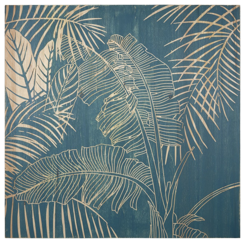 Wooden Teal Carved Botanical Wall Art - Tropical - Prints And Posters ...