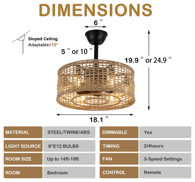 18' Black Hand-Woven Drum Ceiling Fan Reversible with Light and Remote ...