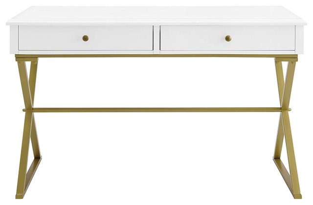 Contemporary Desk with X-Shaped Legs and 2 Storage Drawers, White/Brass ...