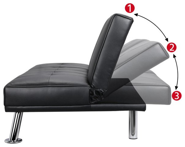 Modern Futon, Artificial Leather Seat With Cup Holders & Movable Arms ...