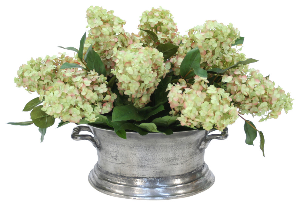 Hydrangea's in Oval Pewter Planter - Traditional - Artificial Flower ...