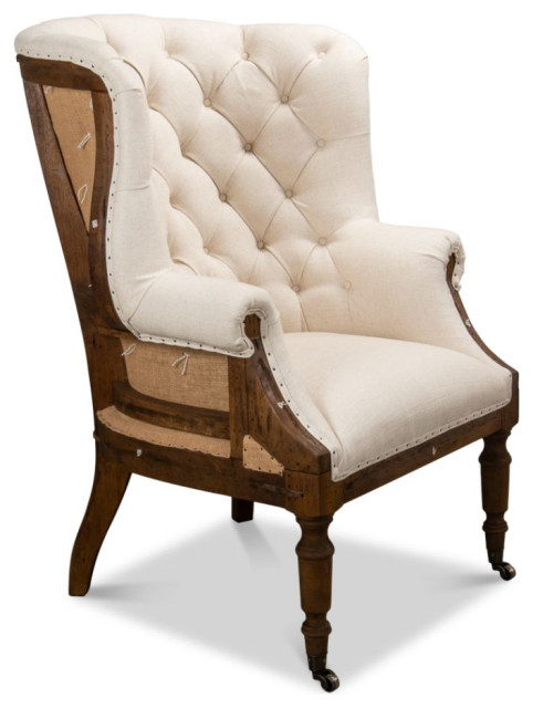 Irish Chair Cream Linen & Burlap Wing Accent Chair - Traditional ...