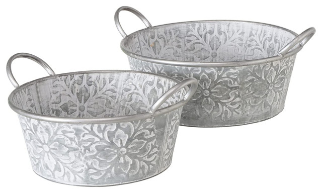2 Piece Embossed Grey Metal Planter Set - Farmhouse - Indoor Pots And ...