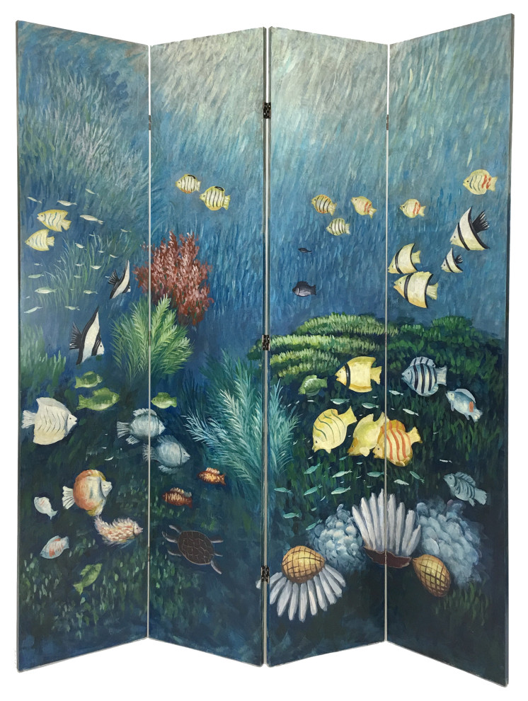 Wooden Double Sided 4 Panel Room Divider with Ocean Prints, Multicolor ...