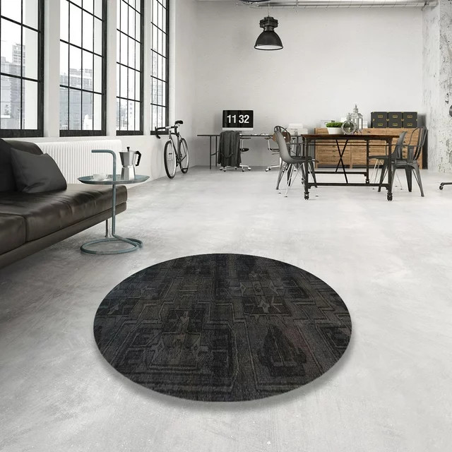 Machine Washable Chenille Area Rug with Black Abstract Pattern, 6 ...