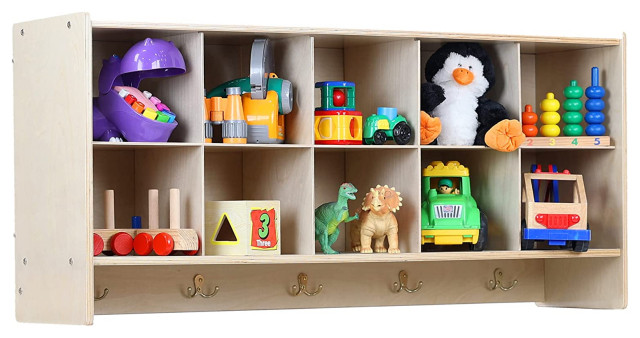10 Section Wood Cubbies Storage, Yellow Bins, Wall Hanging Organizers ...