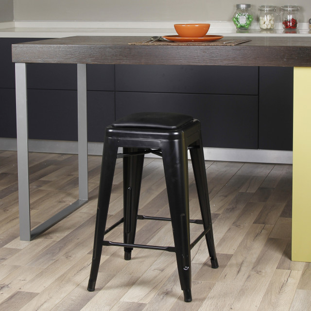 Metal Backless Black Bar Stools With Black Vegan Leather Seat, Set of 1 ...