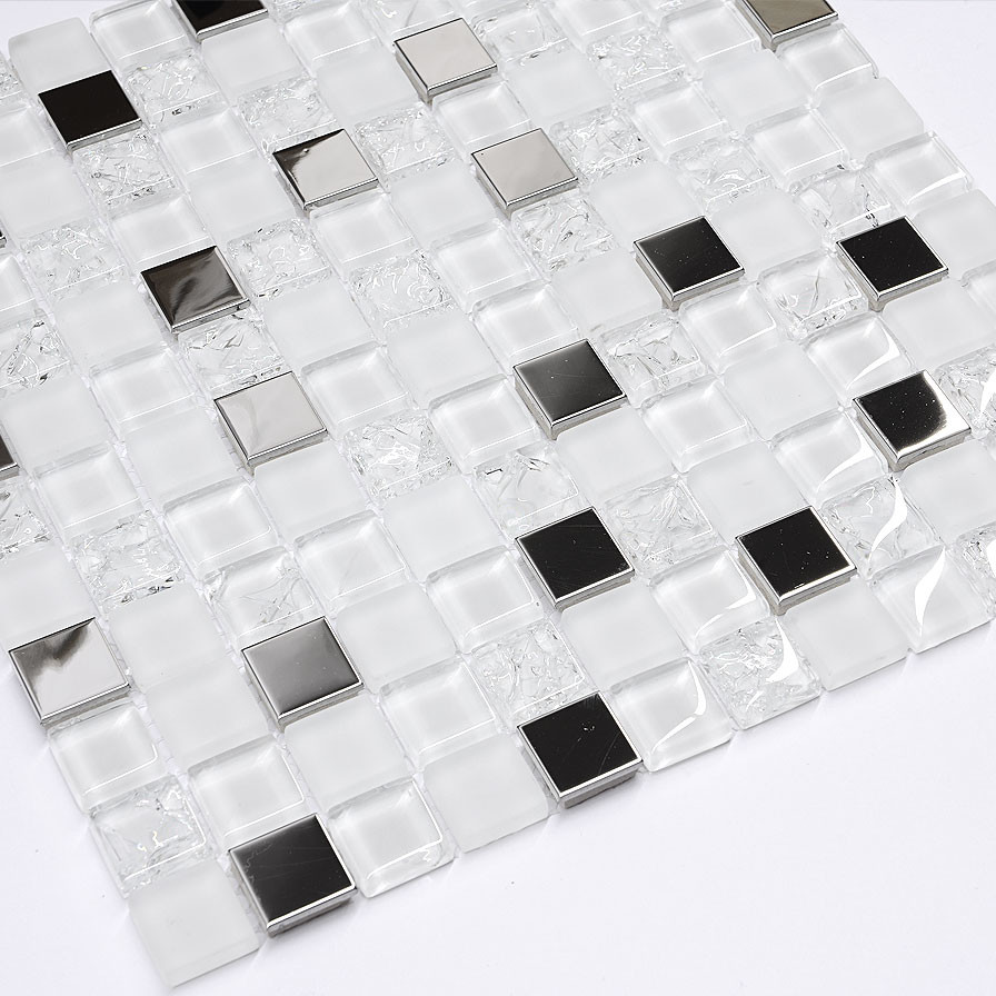 Modern White Glass Metal Mosaic Backsplash Tile, 12"x12" - Modern ...