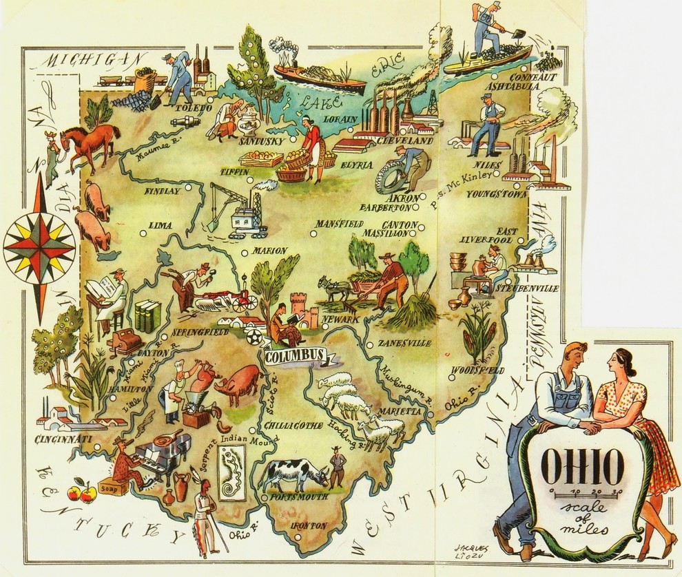 Consigned Vintage Pictorial Map of Ohio, 1946 - Midcentury - Prints And ...