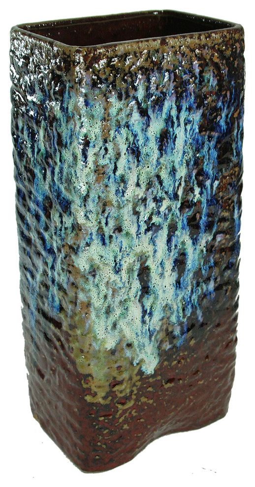 Benzara Contemporary Rectangular Distressed Ceramic Pot, Brown and Blue ...