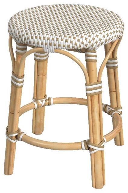 Home Square 18" Rattan Round Stool - White and Tan Dot - Set of 3 ...