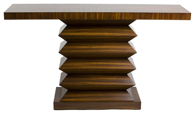 Modern Ribbed Zig Zag Wood Pedestal Console Table, Accordion Modern Sculpture - Transitional ...