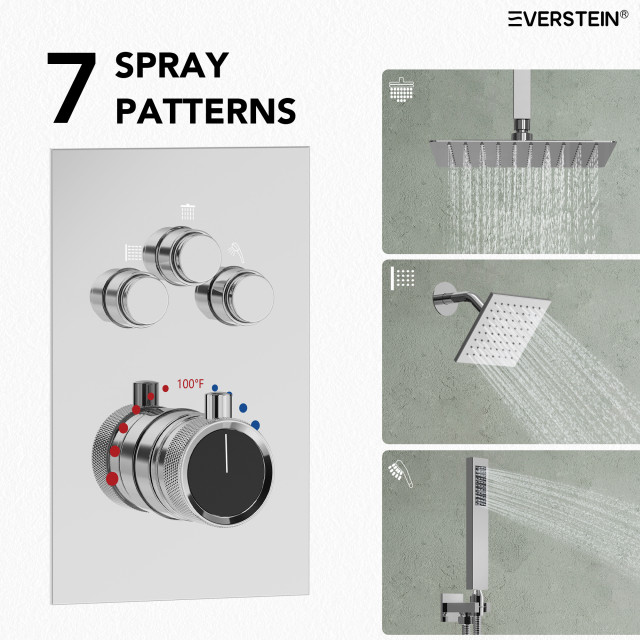 Dual Heads 12" Rain High Pressure Shower System w/ 3 Way Thermostatic ...