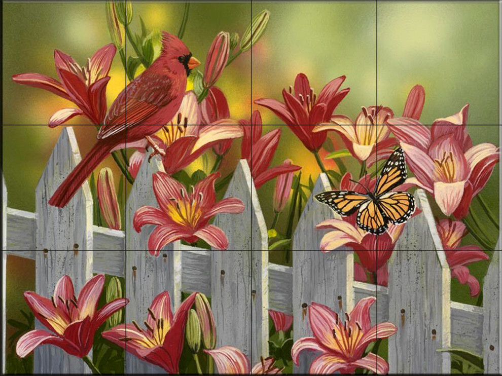 Tile Mural Kitchen Backsplash - Cardinal and Lillies-WV, 17" W x 12.75 ...