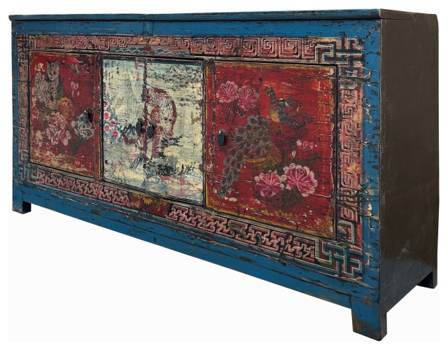 Chinese Distressed Blue Red Tiger Graphic Sideboard Console Cabinet ...