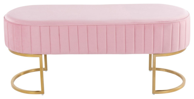 Demi Glam Pleated Bench, Gold Steel/Pink Velvet - Contemporary ...