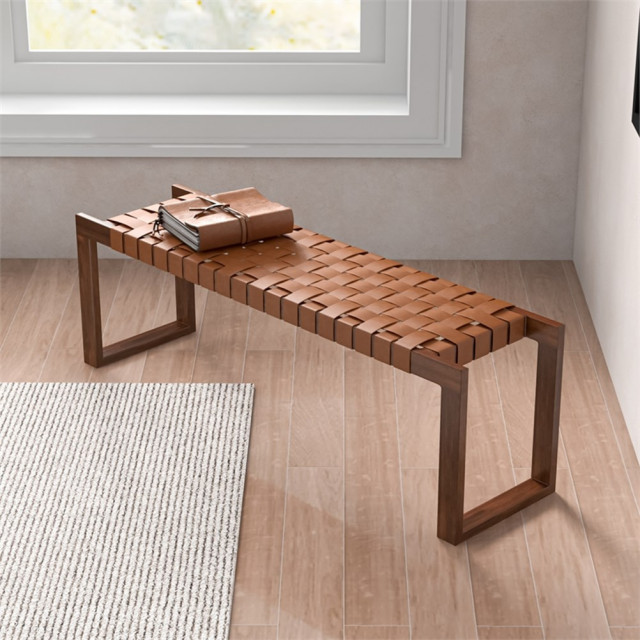 Elenor Mid-Century Modern Rectangular Genuine Tan Leather Upholstered ...