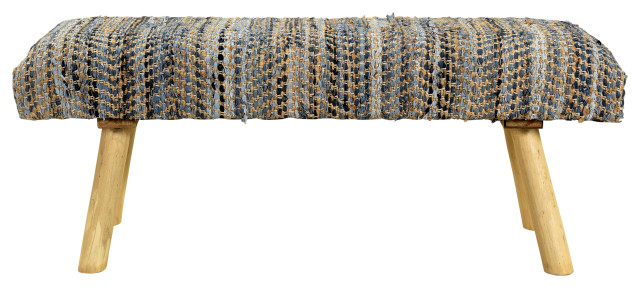 Chindi Modern Striped Natural Wood Cotton Blend Accent Bench, Blue ...