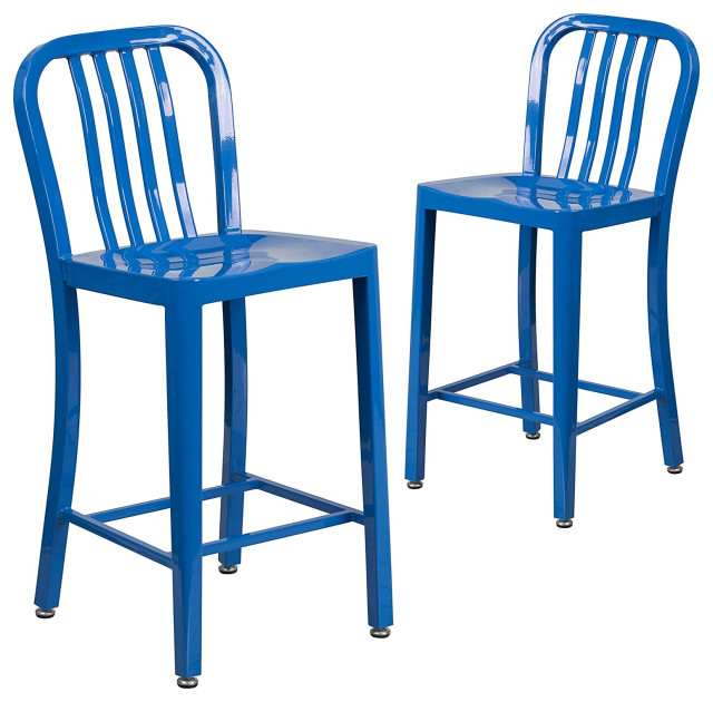 Set of 2 Counter Stool, Galvanized Metal Construction & Slatted Back ...