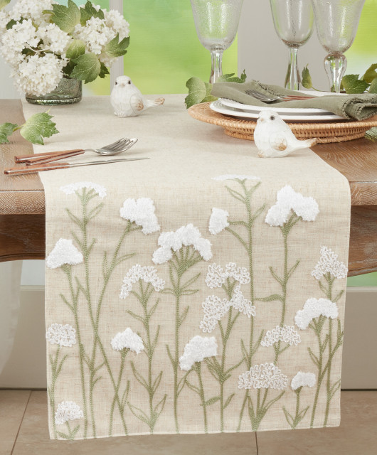 Embroidered Table Runner With Floral Design, Natural, 16"x70", 16"x70 ...